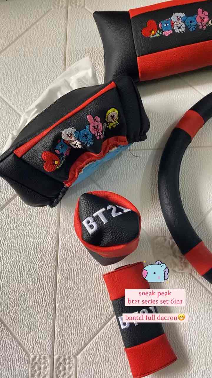 BT21 Series Set 6in1 Merah Cover Sarung Stir Mobil BTS plus Bantal ...
